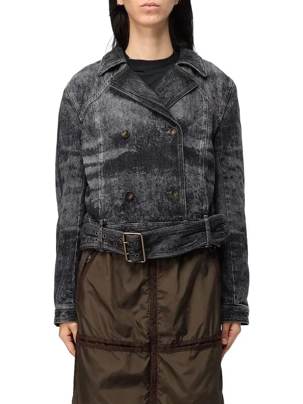 DIESEL® Cropped Abstract Print Biker Jacket In Worn-out Denim With Belt - Black
