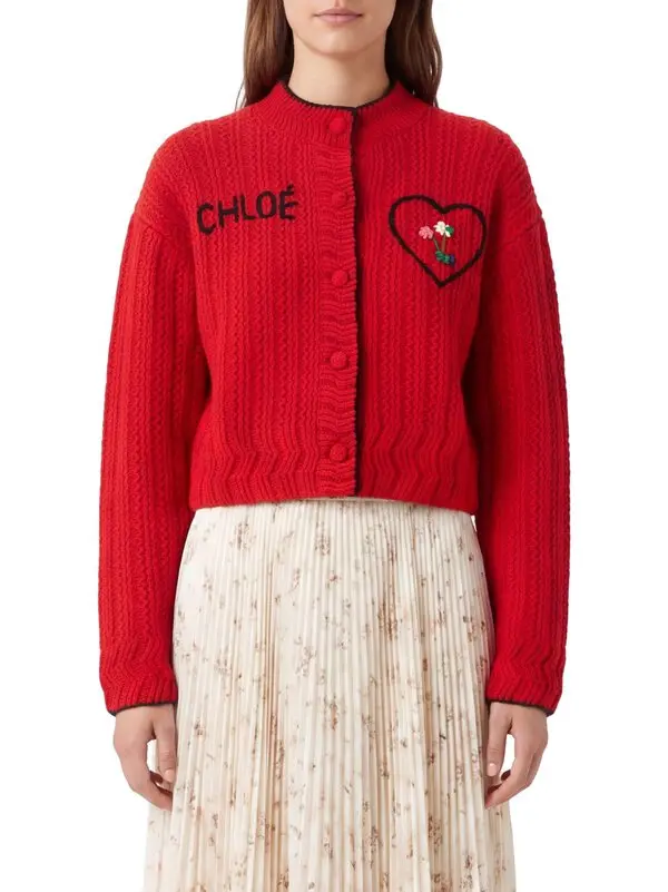 Chloé Wool And Cashmere Cardigan With Embroide Logo And Contrast Trims - Red