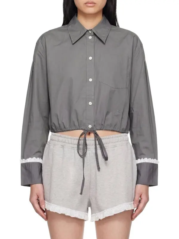 GANNI Cropped Shirt In Stretch Cotton With Patch Pockets And Drawstring Hem - Grey