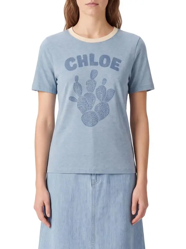 Chloé Short-sleeved Cotton T-shirt With Contrasting Graphic Logo Print - Blue