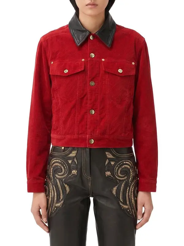 Versace Cropped Cotton Velvet Shirt Jacket With Leather Collar - Red