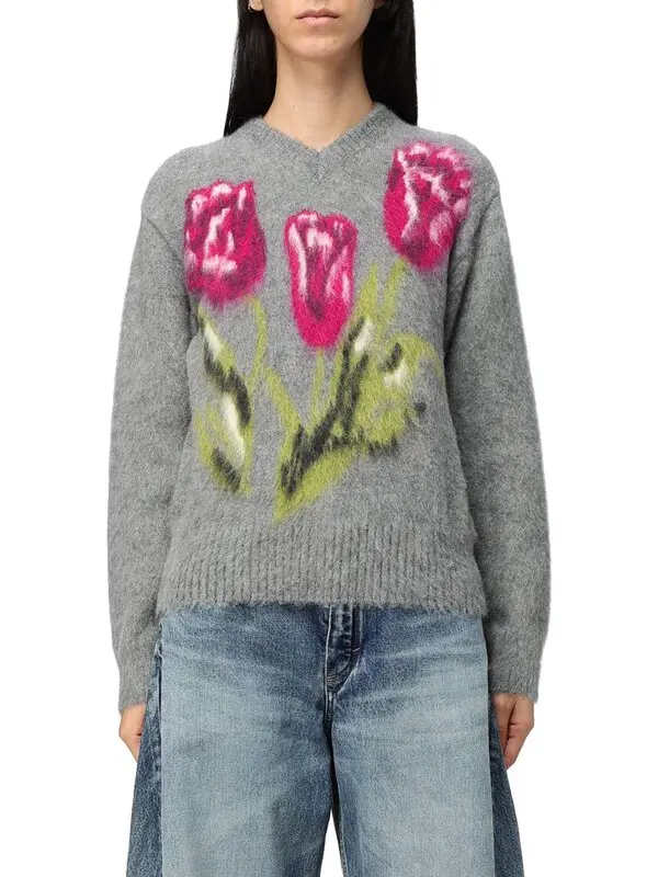 MAISON MARGIELA Floral V-neck Jumper In Wool And Alpaca With Dropped Shoulders - Grey