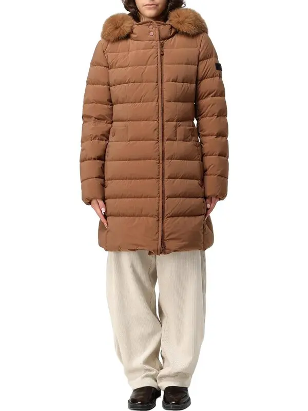 Peuterey Knee-length Quilted Nylon Down Jacket With Shearling Hood - Walnut