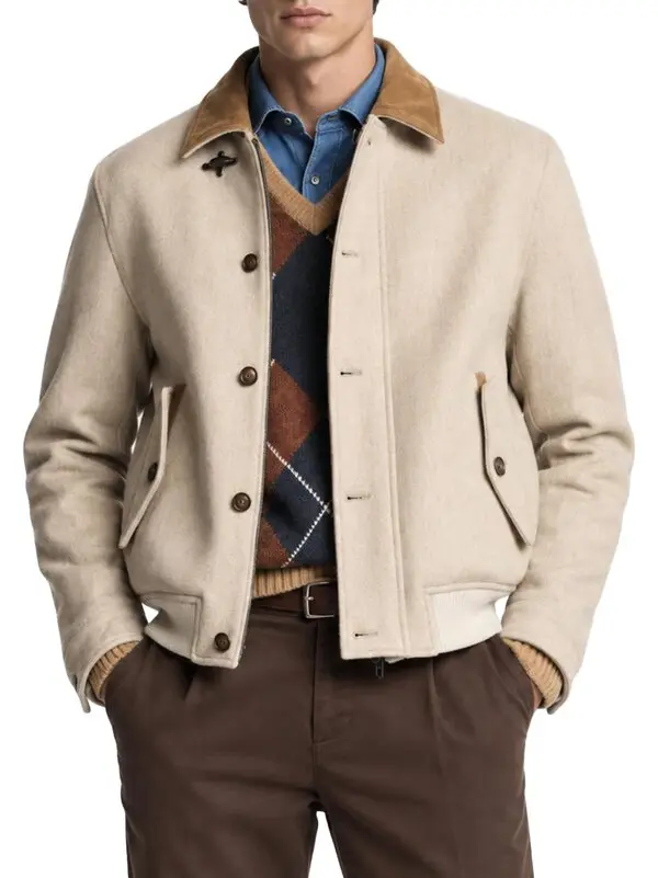 FAY Shirt-style Cotton-blend Bomber Jacket With Corduroy Collar - Mud