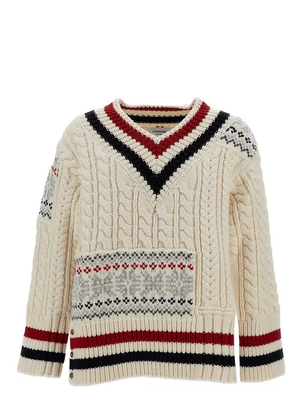 Thom Browne Patchwork Cable Fairisle V Neck Cricket Pullover In Merino Wool - Multicolor