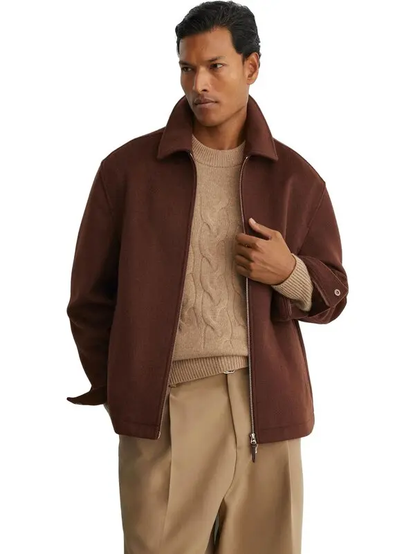 REISS Foley Brushed Wool-blend Zip-through Overshirt - Rust Red