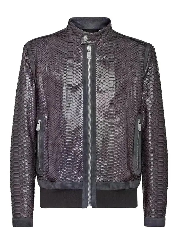 BILLIONAIRE Luxury Snakeskin-effect Leather Jacket - Grey