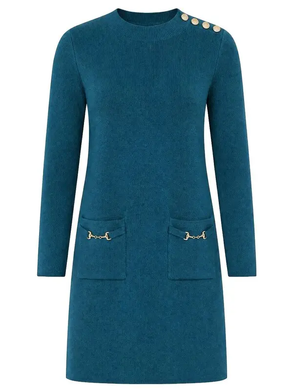 YUMI Teal Knitted Tunic Dress With Gold Hardware Details - Blue