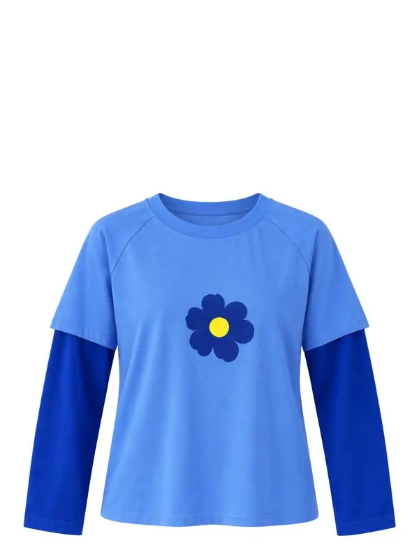 Mind Traveler Double Sleeve Cropped Aria T-shirt With Flower Detail - Blue