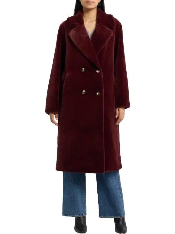 Bernardo Faux Fur Double Breasted Long Coat - Maroon