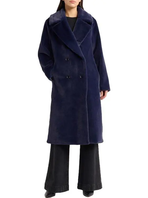 Bernardo Faux Fur Double Breasted Long Coat - Navy