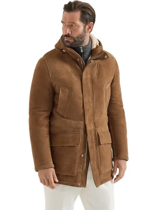 Brunello Cucinelli Suede Curly Shearling Parka - Brown