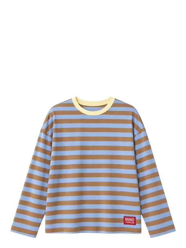 Mind Traveler Brown Striped Núria Long Sleeve Top With Yellow Contrast Neck - Blue