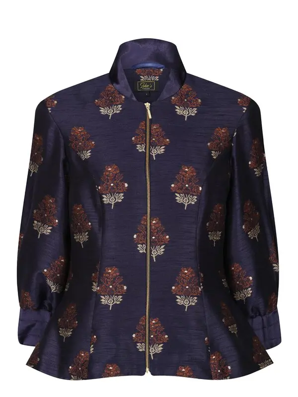 LIONESS BY TF Auburn Embroidered Raw Silk Fitted Jacket Blouse - Blue