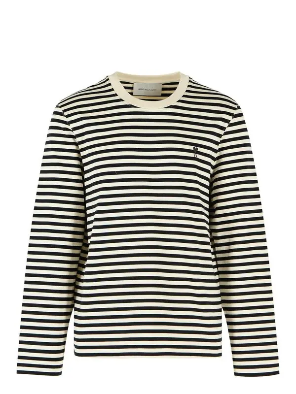 AMI Paris Marinière De Cœur' And White Cotton T-shirt - Black