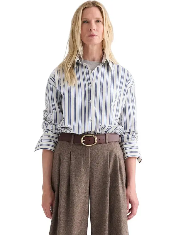 TWP Big Joe Shirt In Stripe On Superfine Poplin - Ivory Multi