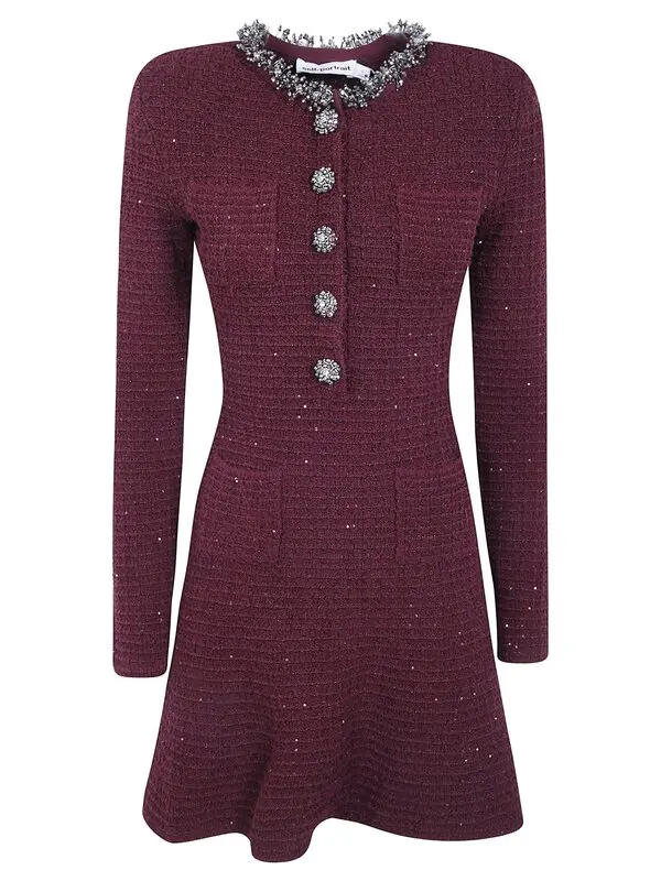 SELF-PORTRAIT Mini Dress Textu Knit "burgundy Textu Knit Embelli - Red