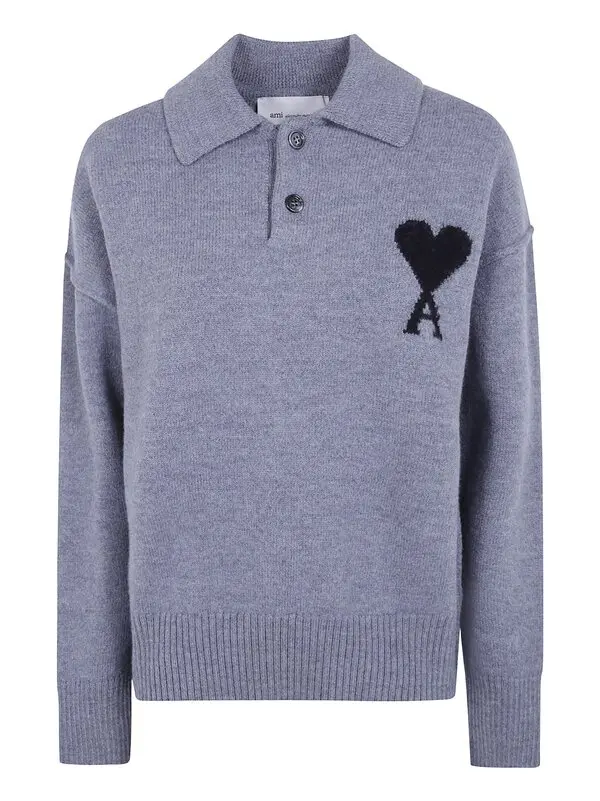 AMI Paris Polo Sweater Contrasted "quota De Coeur - Gray