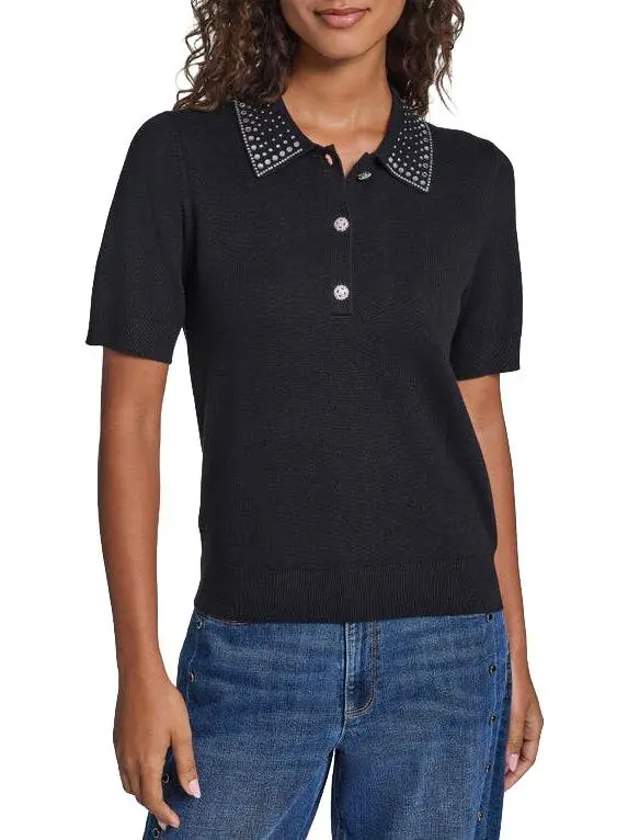 Karl Lagerfeld Paris Crystal Embellished Collared Sweater - Black