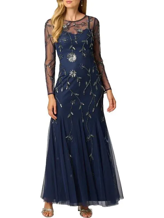 Adrianna Papell Beaded Floral Long Sleeve Mesh Gown - Light Navy