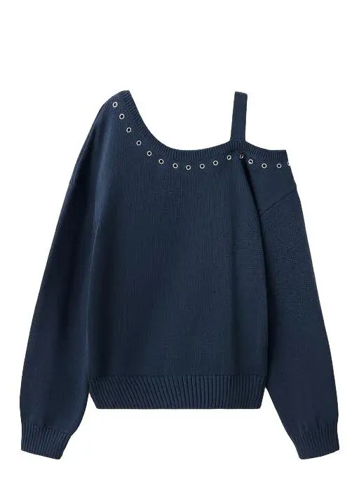 Mango Asymmetrical Off The Shoulder Cotton Sweater - Navy