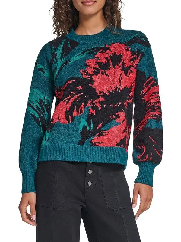 Karl Lagerfeld Paris Floral Crewneck Sweater - Glass Teal Multi