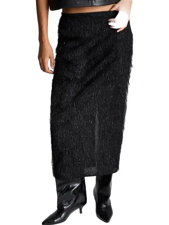 KENNETH COLE COLLECTION Fringe Metallic Lurex Midi Skirt - Black/silver
