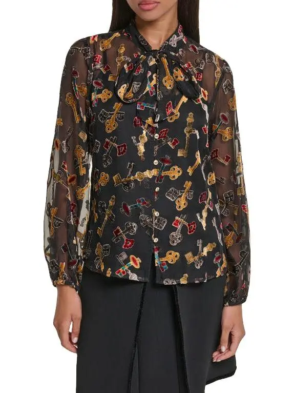 Karl Lagerfeld Paris Velvet Burnout Tie Neck Blouse - Black Multi