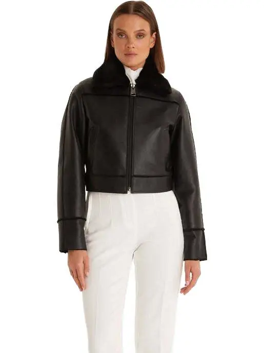 FURNIQ UK Clara Cropped Leather Shearling Jacket - Black