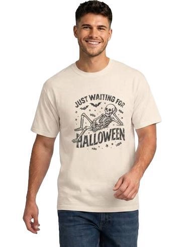 SIMPLY SAGE MARKET Just Waiting For Halloween Skeleton Garment Dyed T-shirt - Ivory
