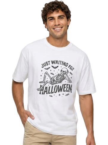 SIMPLY SAGE MARKET Just Waiting For Halloween Skeleton Garment Dyed T-shirt - White