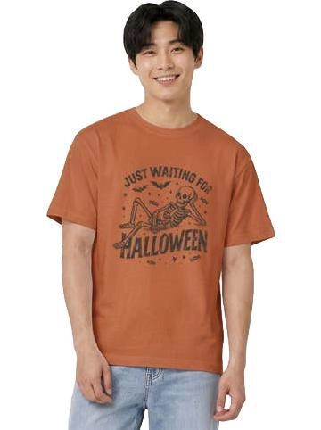SIMPLY SAGE MARKET Just Waiting For Halloween Skeleton Garment Dyed T-shirt - Yam