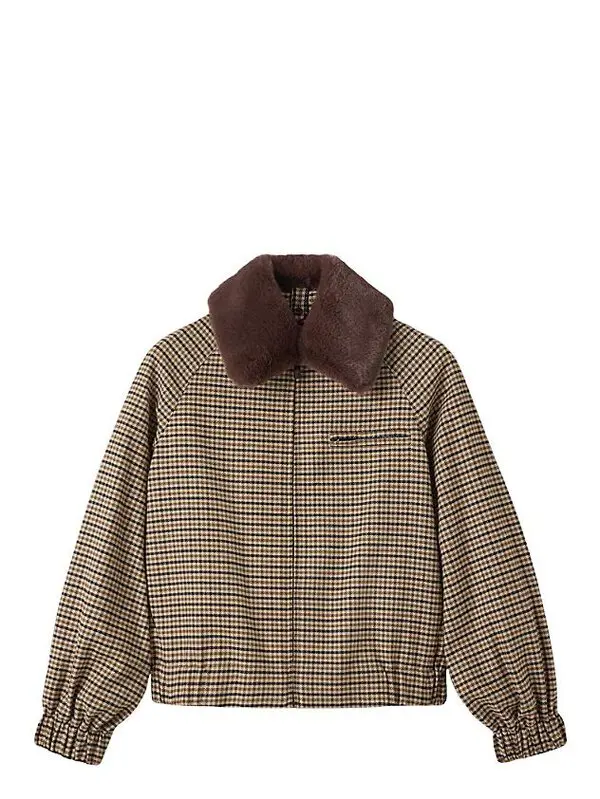 Whistles Faux-fur Collar Check Cotton Bomber Jacket - Brown/multi
