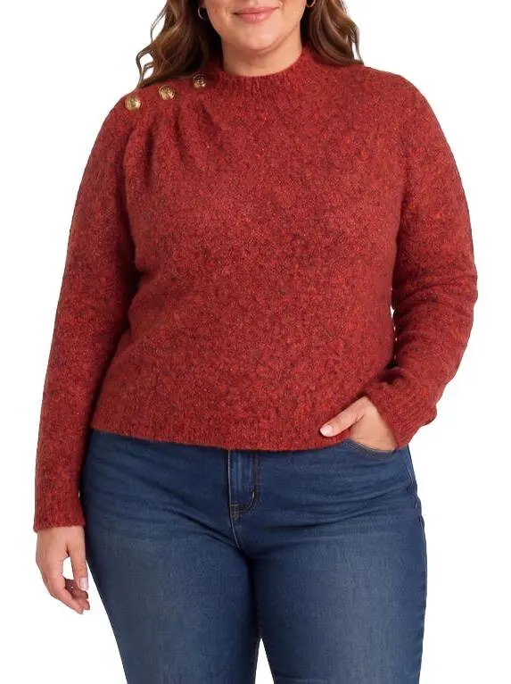 LIVERPOOL Mock Neck Bouclé Sweater With Button Detail - Rust Multi