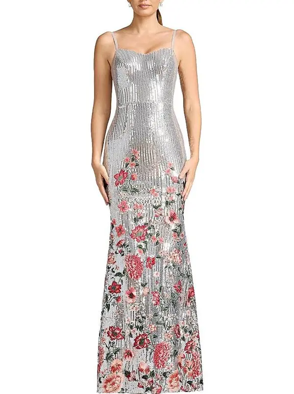 Dress The Population Giovanna Embellished Sequin Floral Mermaid Gown - Silver Multi