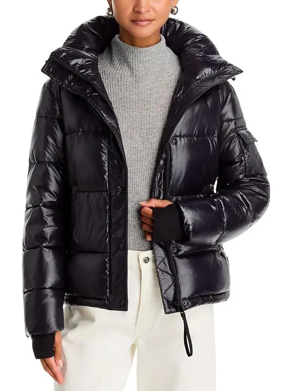 Aqua Ella Glossy Hooded Puffer Coat Exclusive - Jet