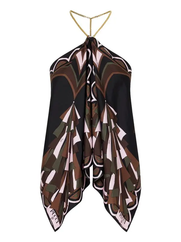 Emilio Pucci Chain-embellished Draped Printed Silk-twill Halterneck Top - Multi
