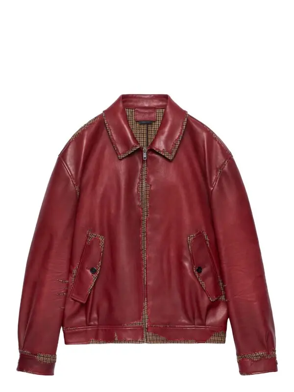 Prada Bonded Nappa Leather And Houndstooth Check Fabric Jacket - Ruby