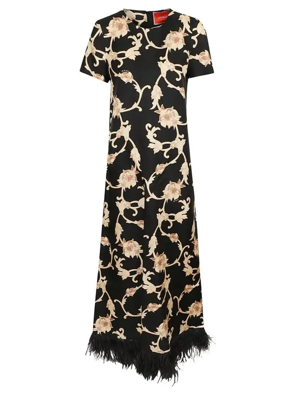 La DoubleJ Floral-print Feather-trim Dress - Black