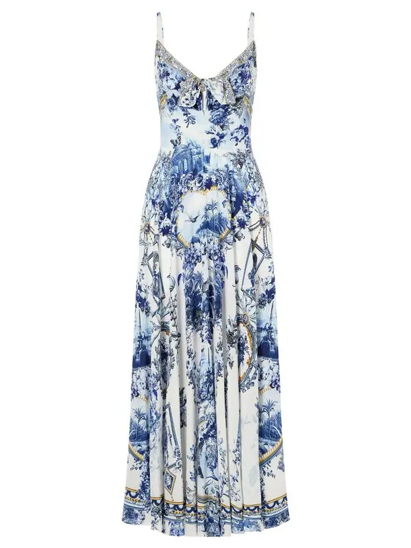 Camilla Porcelain Parlour Tie-detail Crystal-embellished Printed Silk Maxi Dress - Blue