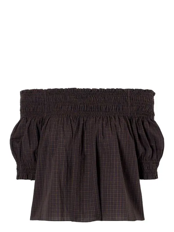Matteau Shirred Off-the-shoulder Checked Cotton Blouse - No