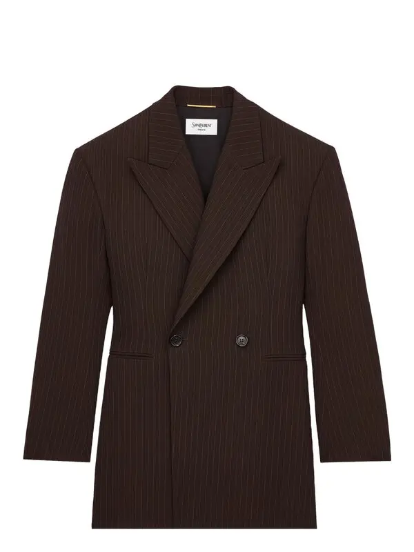 Saint Laurent Double-breasted Jacket In Chalk-stripe Wool Mélange - Maroon/beige