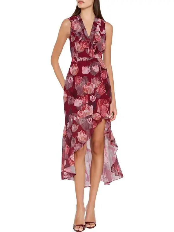 MILLY Nanci Floral Print Asymmetrical Ruffle Midi Dress - Red Multi