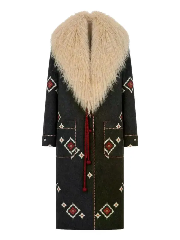 FORTELA Shearling-collar Geometric-print Coat - Grey