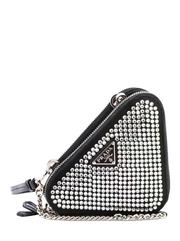 Prada Triangle Double Pouch Crystal Embellished Satin Mini Crossbody Bag - Black