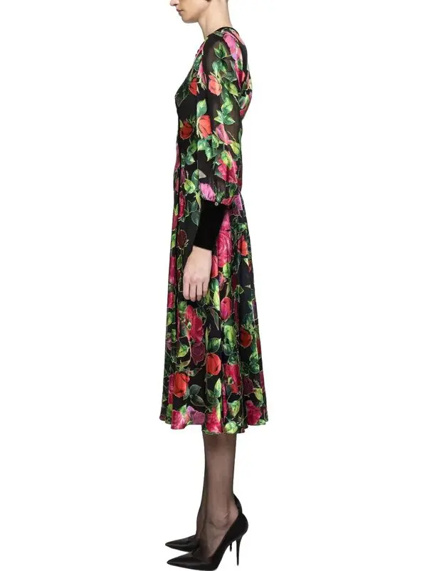NISSA Floral Viscose-and-silk Midi Dress - Black