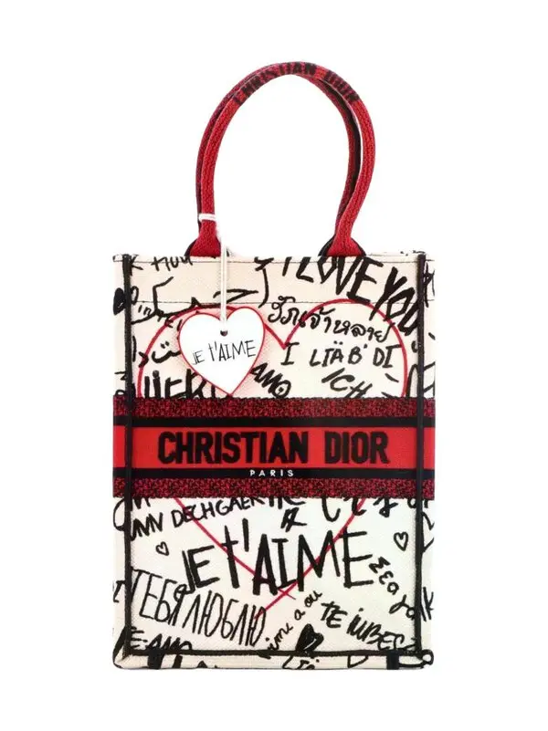 Dior Book Embroidered Canvas Vertical Tote Bag - Red