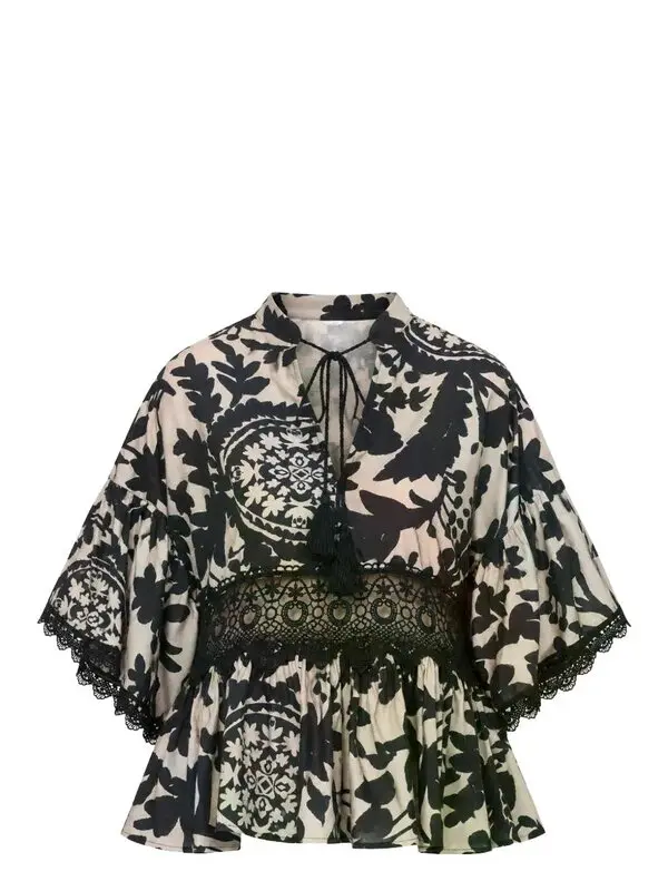 KAOS Paisley-print Lace-panel Blouse - Neutrals