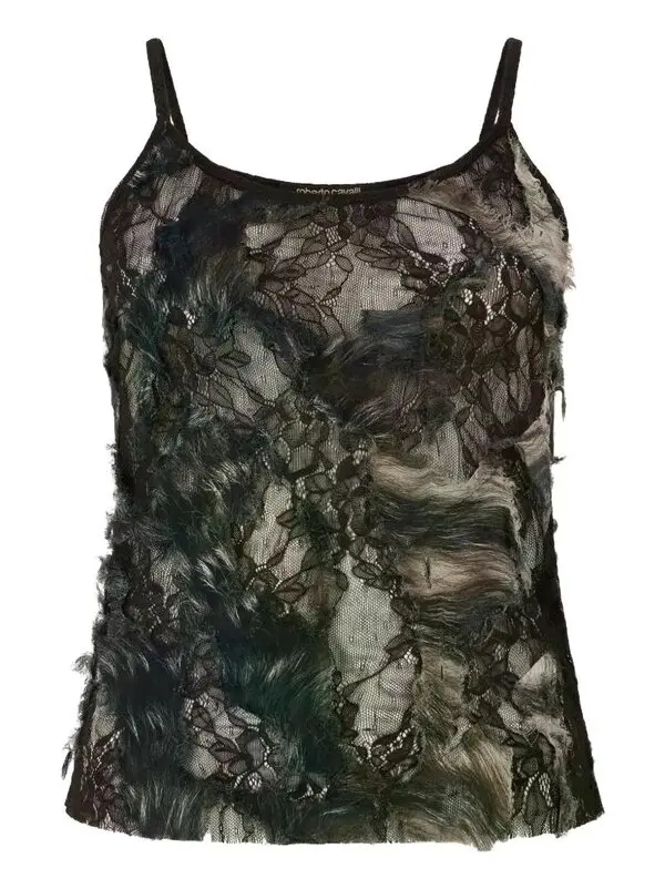 Roberto Cavalli Lace-panelled Faux-fur Top - Black