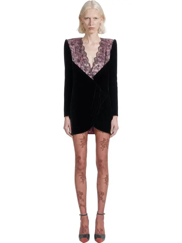 Valentino Garavani Velvet Mini Dress With Lace - Black
